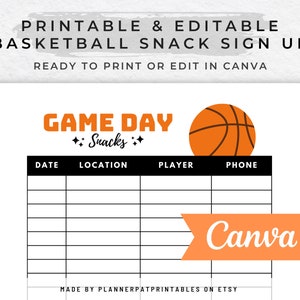 Basketball Snack Schedule Sign up Sheet Printable, Editable Canva ...