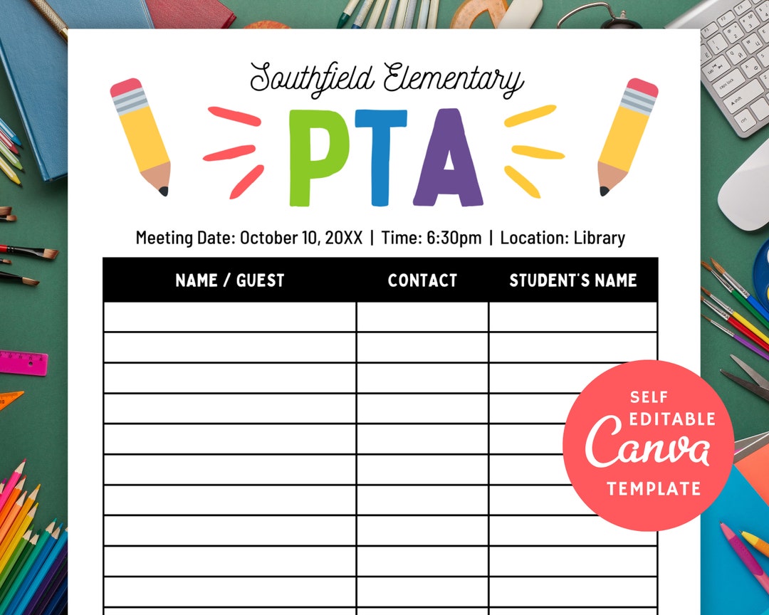 Editable PTO PTA Meeting Sign In Sheet Template Attendence - Etsy Portugal