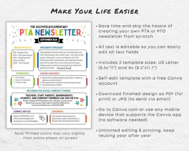 PTA Calendar of Events Flyer Editable Template for PTO Monthly Event ...