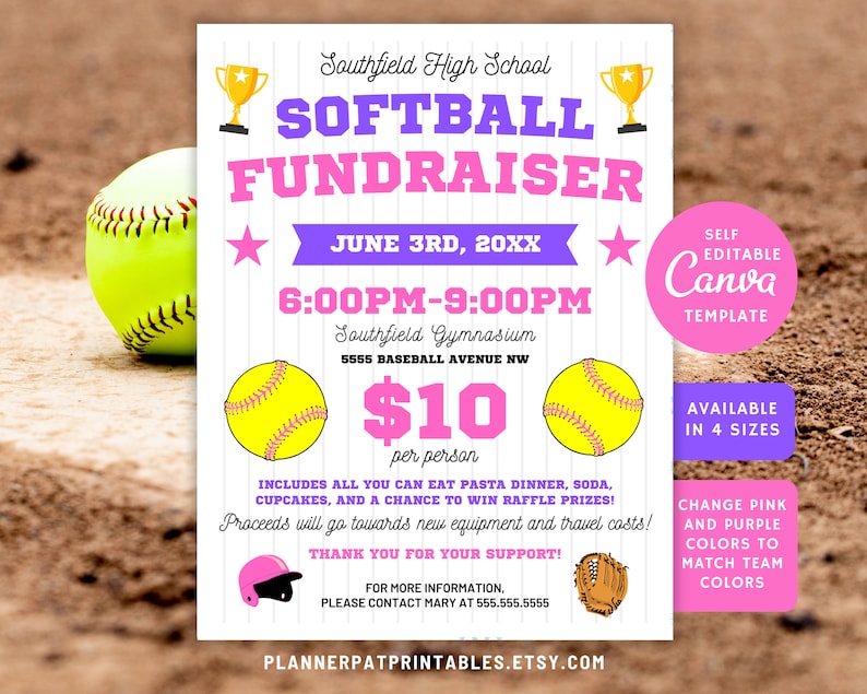 Editable Softball Fundraiser Flyer Template: Canva Raffle Poster ...
