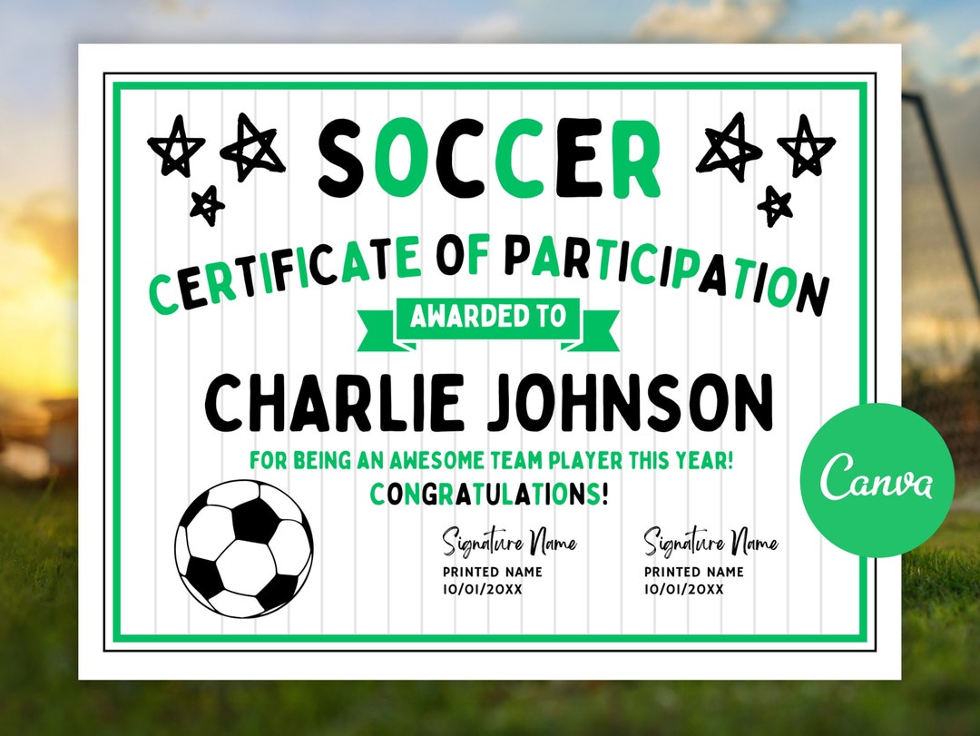 Editable Soccer Certificate of Participation Canva Template (digital ...