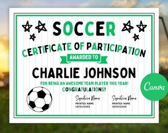 Soccer Certificate of Participation, INSTANT DOWNLOAD, Editable Soccer ...