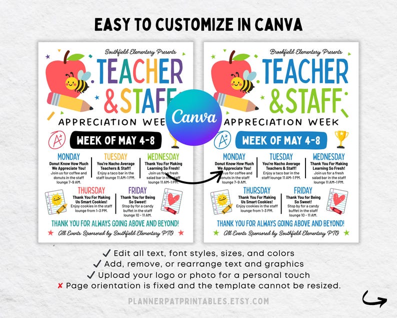 School Teacher Appreciation Week Schedule Flyer, PTO PTA Itinerary ...