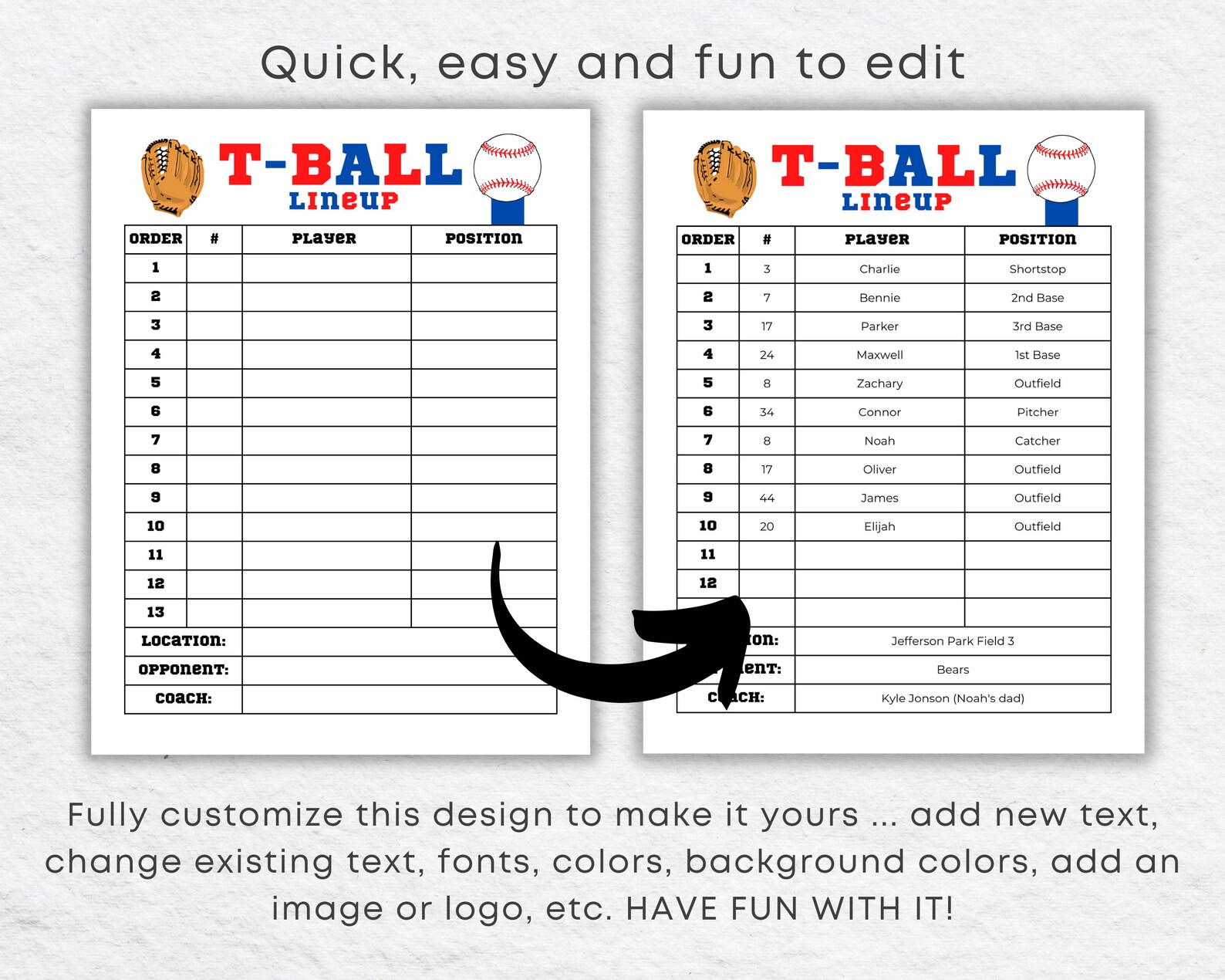 Editable T-ball Line up Sheet Canva Template, Blank Batting Order ...