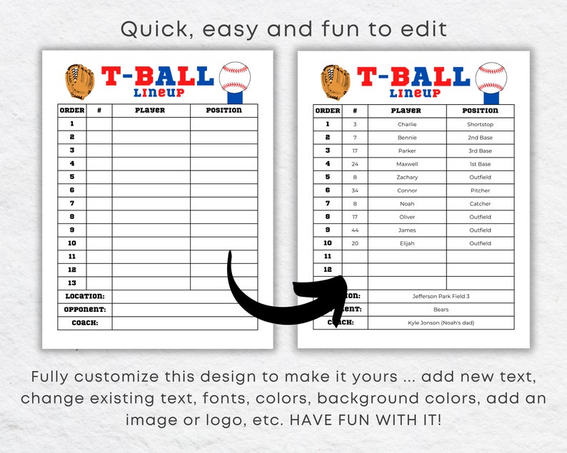 Editable T-ball Line up Sheet Canva Template Blank Batting - Etsy