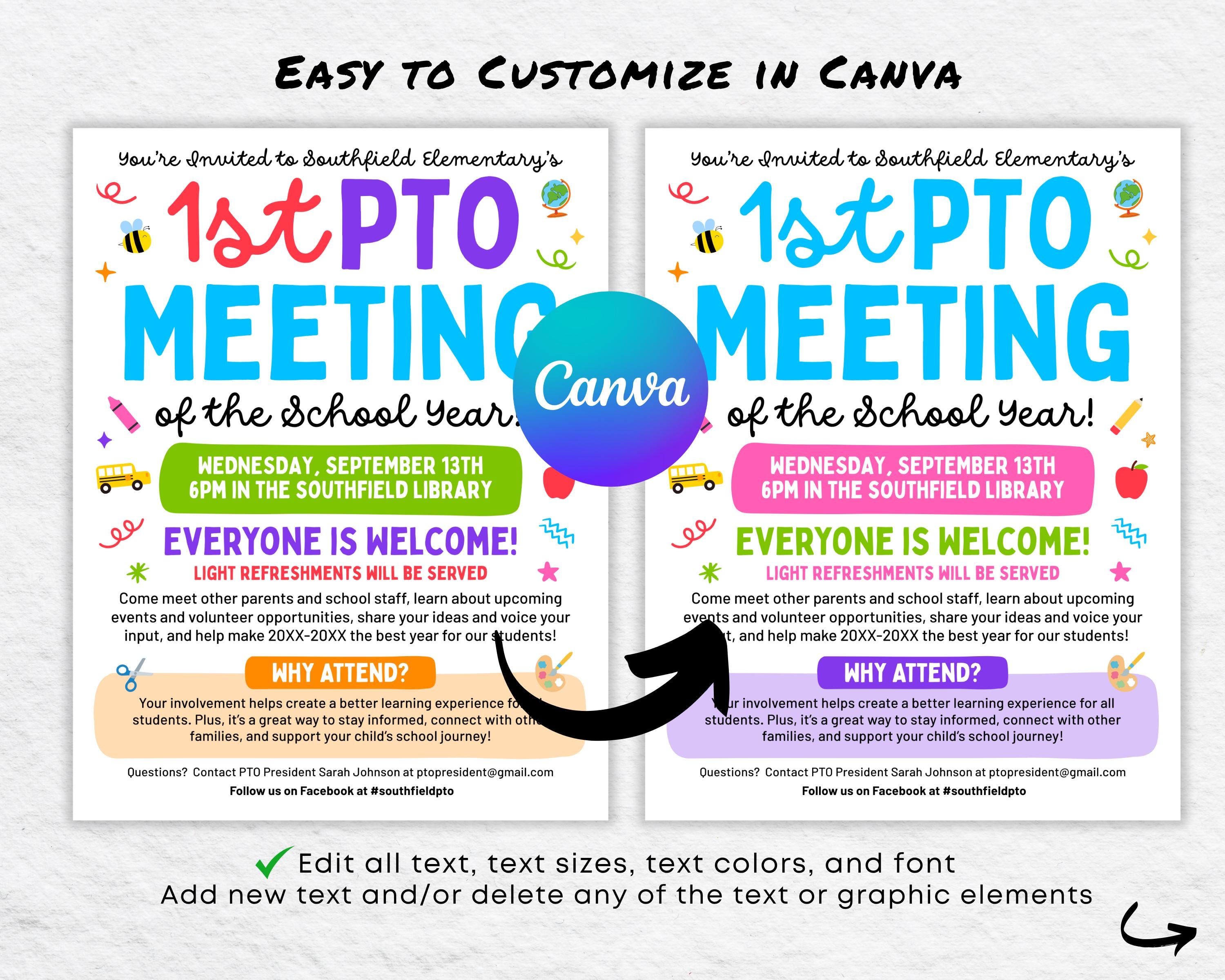 Editable PTA PTO Meeting Flyer | Canva Parent Group Invitation Template ...