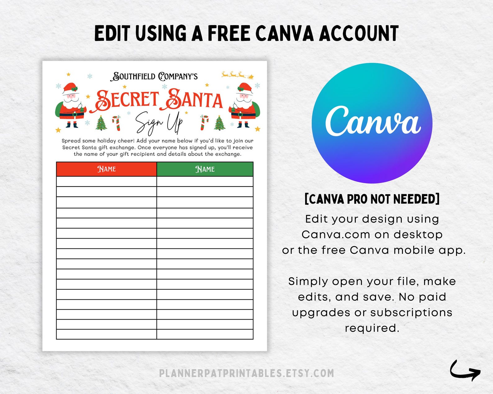 Secret Santa Sign up Sheet | Editable Christmas Gift Exchange Form ...