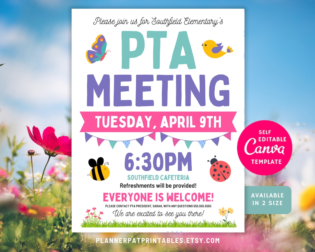 Editable Spring PTA Meeting Flyer Template, PTO PTA April News, Canva ...