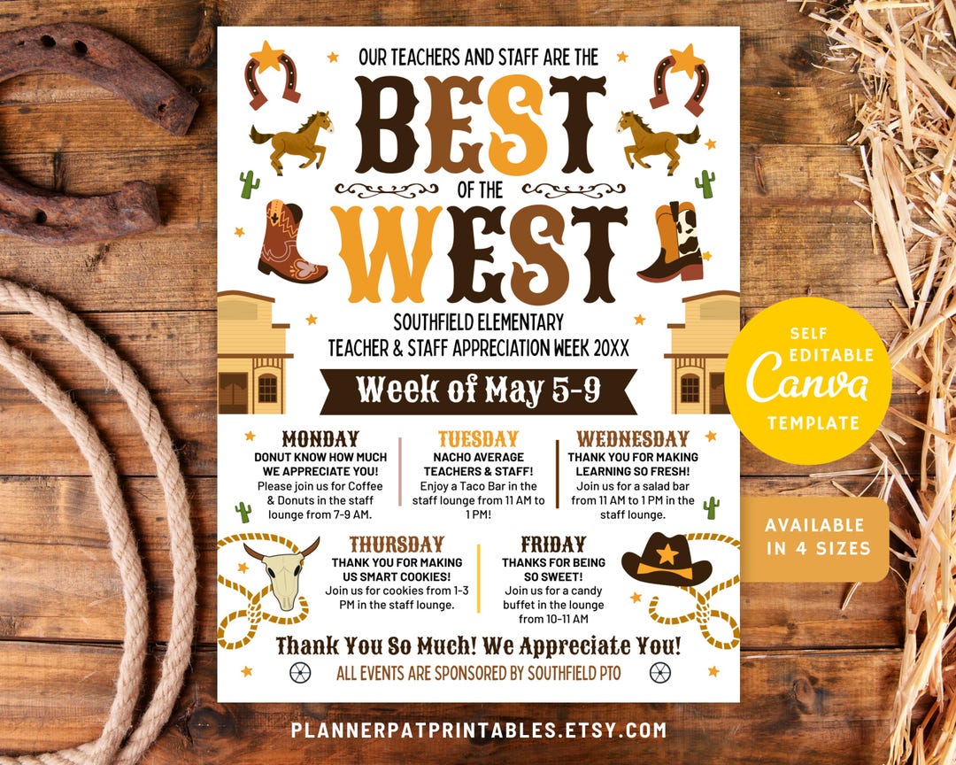 Western Theme Teacher Appreciation Week Itinerary Flyer (canva Template ...