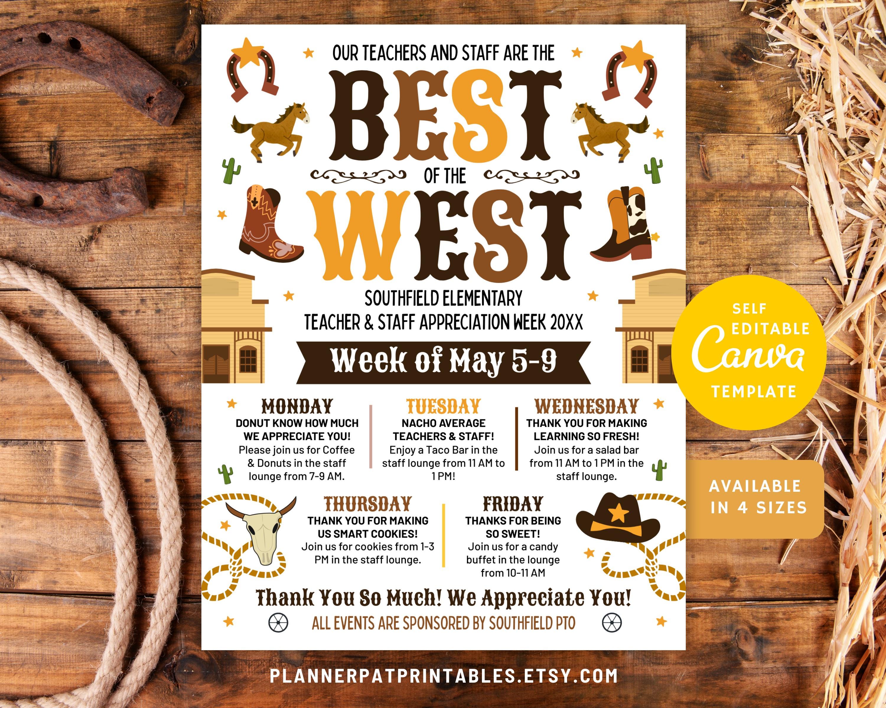 Western Theme Teacher Appreciation Week Itinerary Flyer (canva Template ...