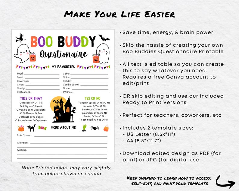 Halloween Boo Buddies Questionnaire, Gift Exchange Favorites Survey PDF ...