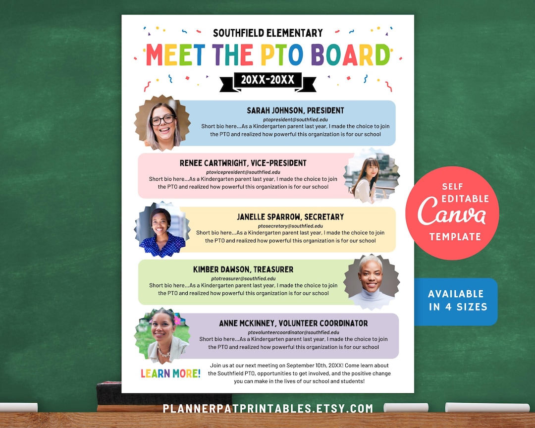 Editable Meet the PTO Flyer Printable - Canva Template for 5 Board Members - DIY Volunteer ...