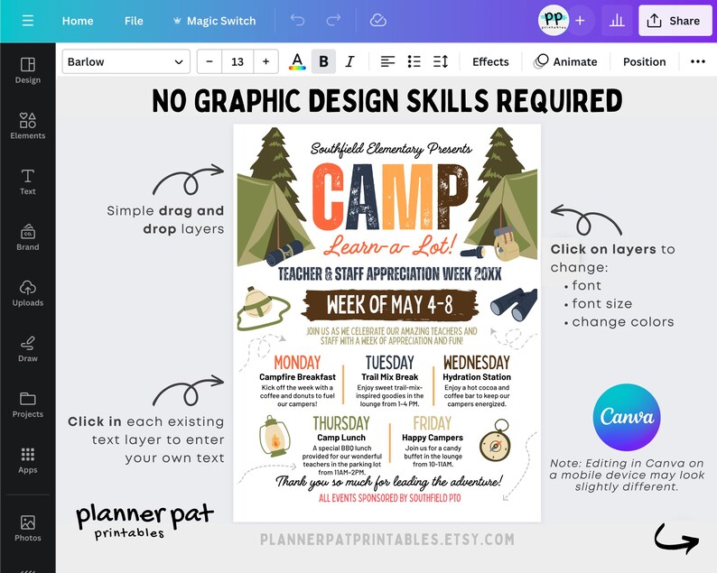Editable Camp Theme Teacher Appreciation Week Itinerary Flyer Template ...
