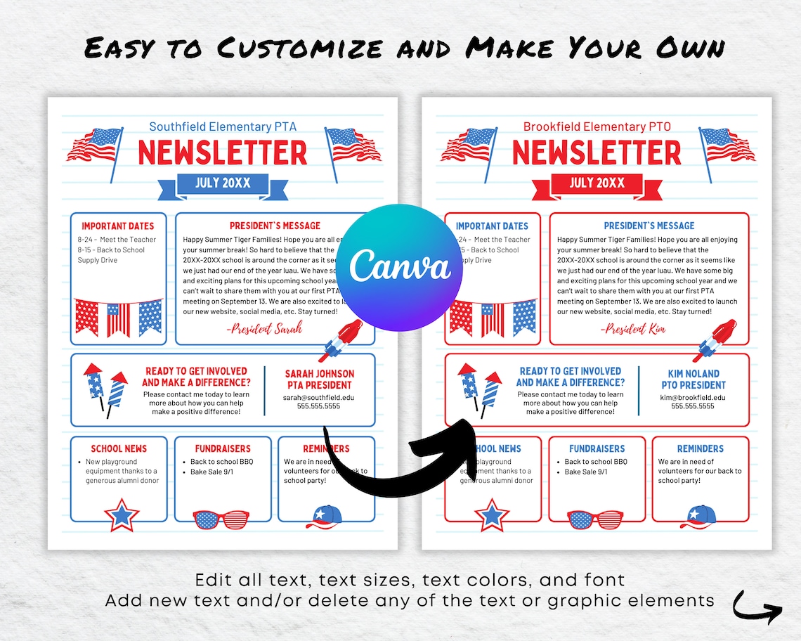 Editable July 4th Newsletter Template: PTO PTA Canva (digital Download ...