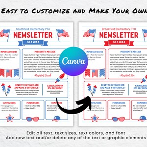 Editable July Newsletter Template, PTO PTA 4th of July Newsletter Canva ...