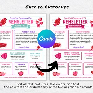 Editable February Newsletter Template, Canva Valentines PTO PTA School News - Etsy