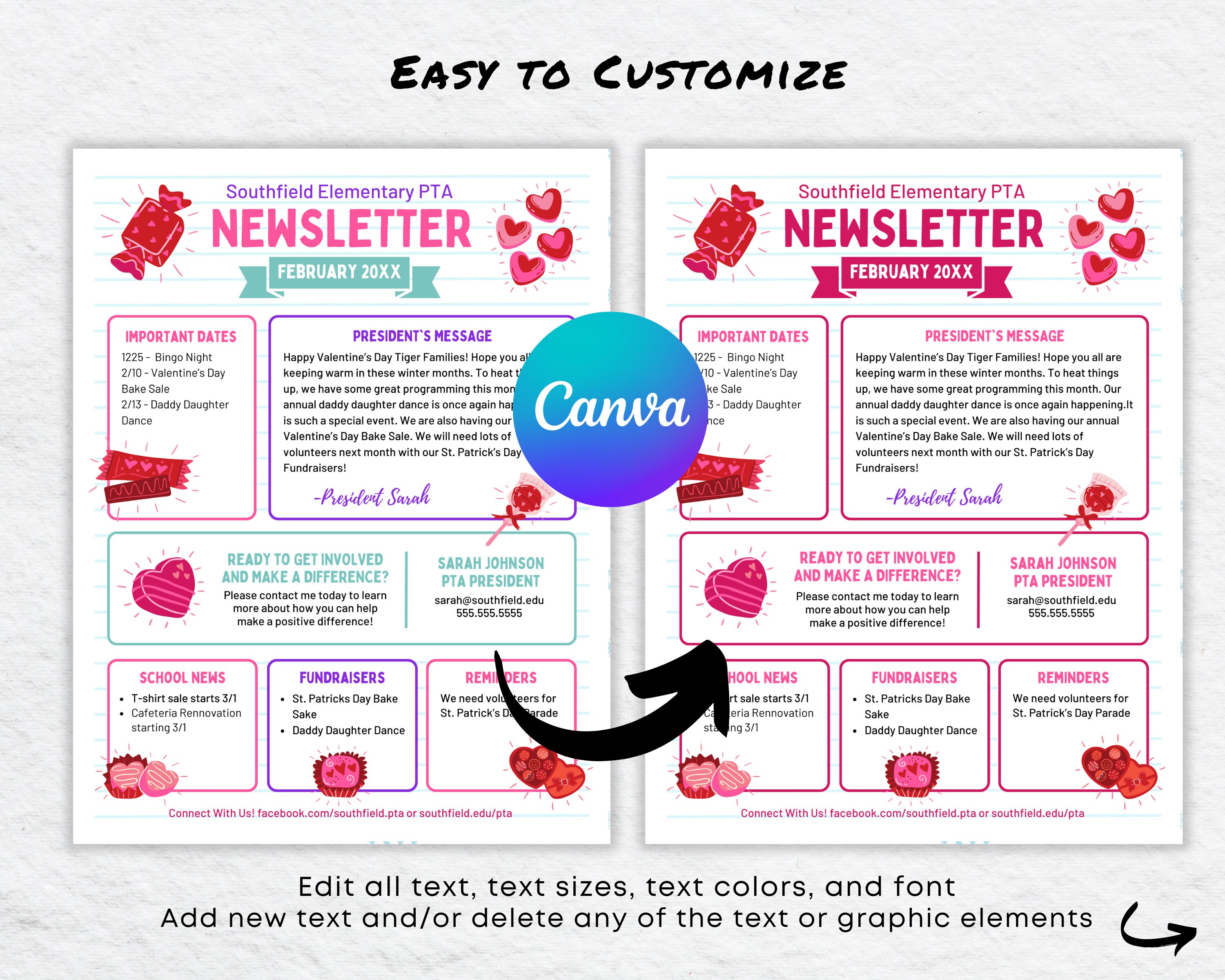 Editable PTA Newsletter Template, Valentines School Bulletin News ...