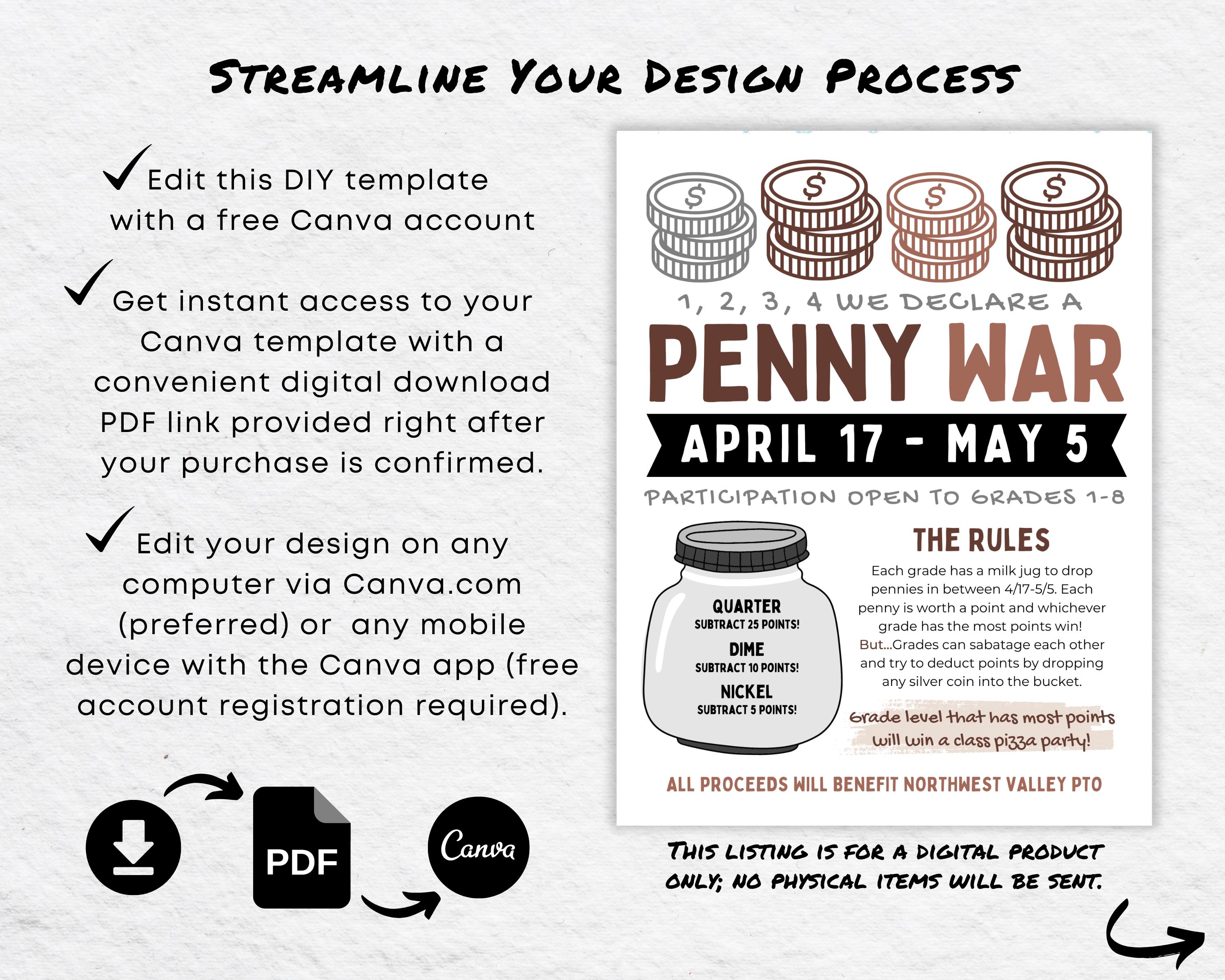 Penny War Flyer Editable Template, Coin Drive Fundraiser, Canva ...