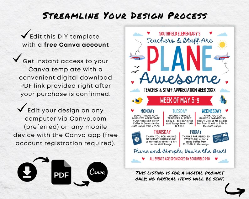 Plane Theme Teacher Appreciation Itinerary Flyer (canva Template) - Etsy