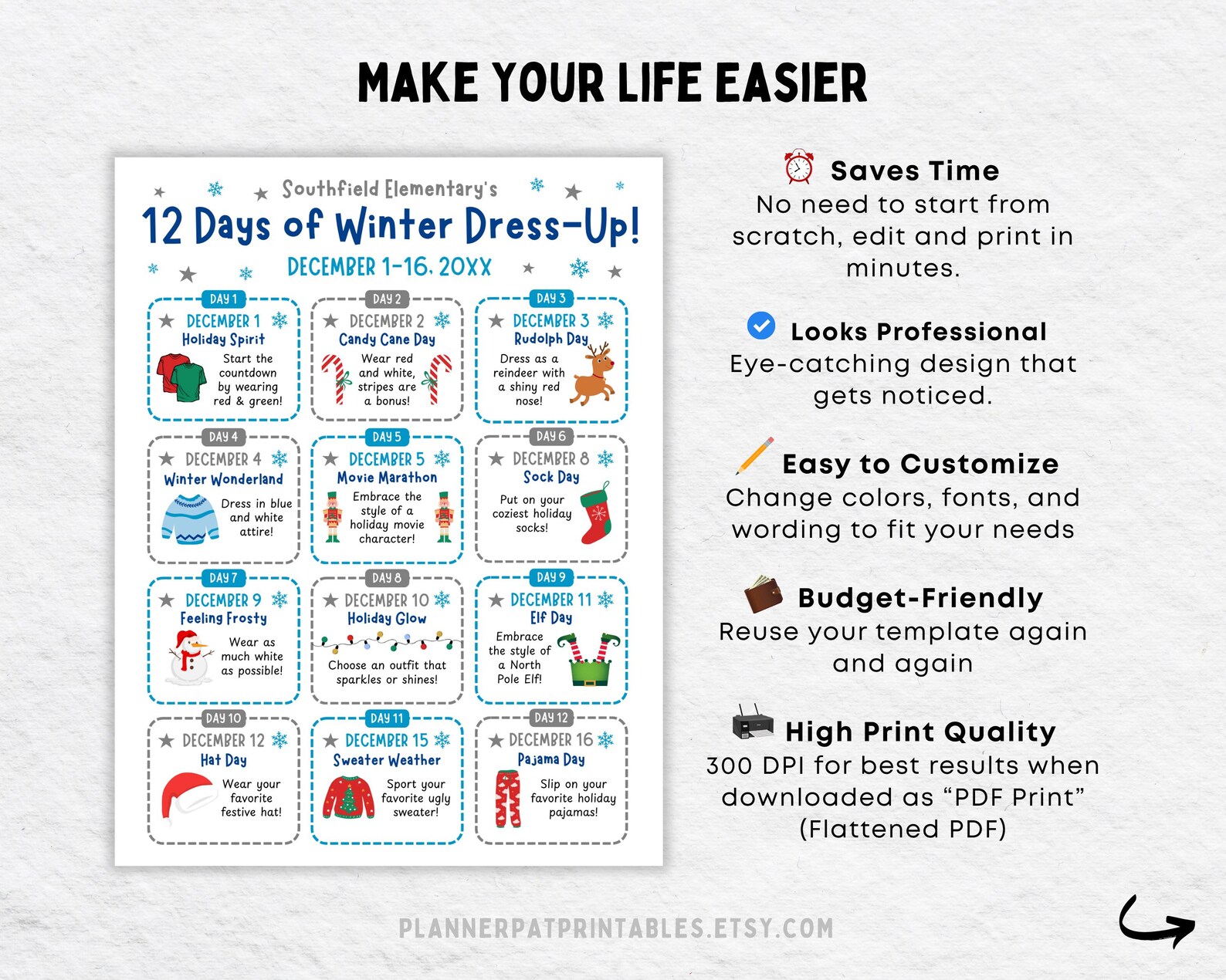12 Days of Winter Dress up Days Itinerary Flyer: Editable Canva ...