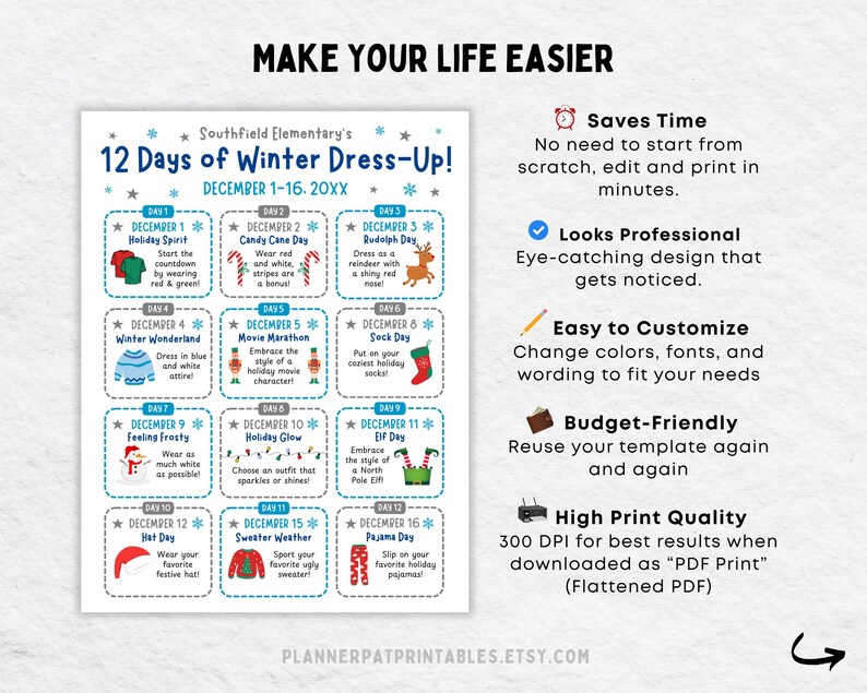 12 Days of Winter Dress up Days Itinerary Flyer: Editable Canva ...