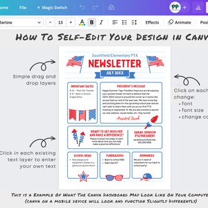 Editable July Newsletter Template, PTO PTA 4th of July Newsletter Canva ...