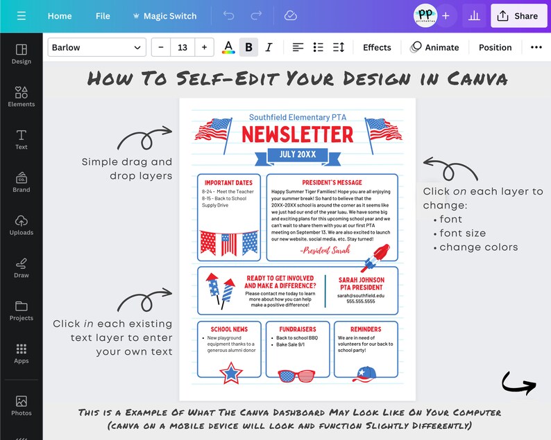 Editable July 4th Newsletter Template: PTO PTA Canva (digital Download ...