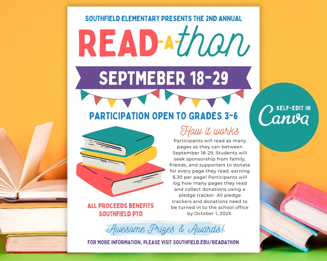 Read-a-thon Flyer Editable Template for School Reading Fundraiser ...