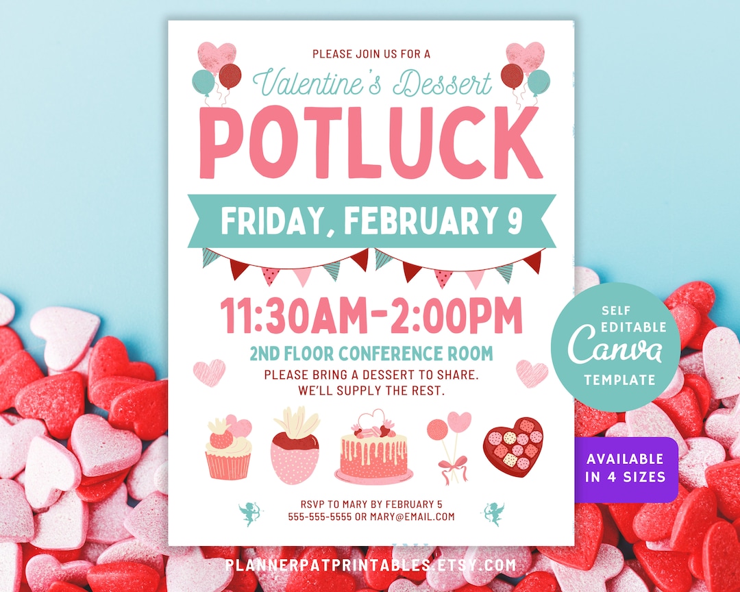 Editable Valentines Dessert Potluck Flyer Template, Appreciation ...