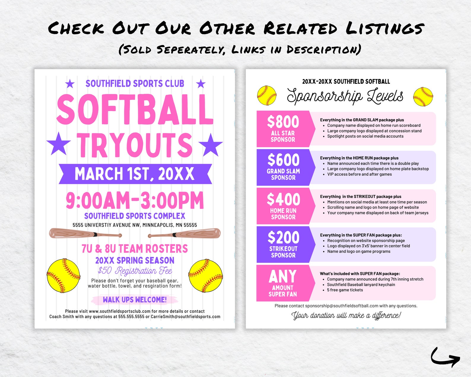 Editable Softball Fundraiser Flyer Template: Canva Raffle Poster ...