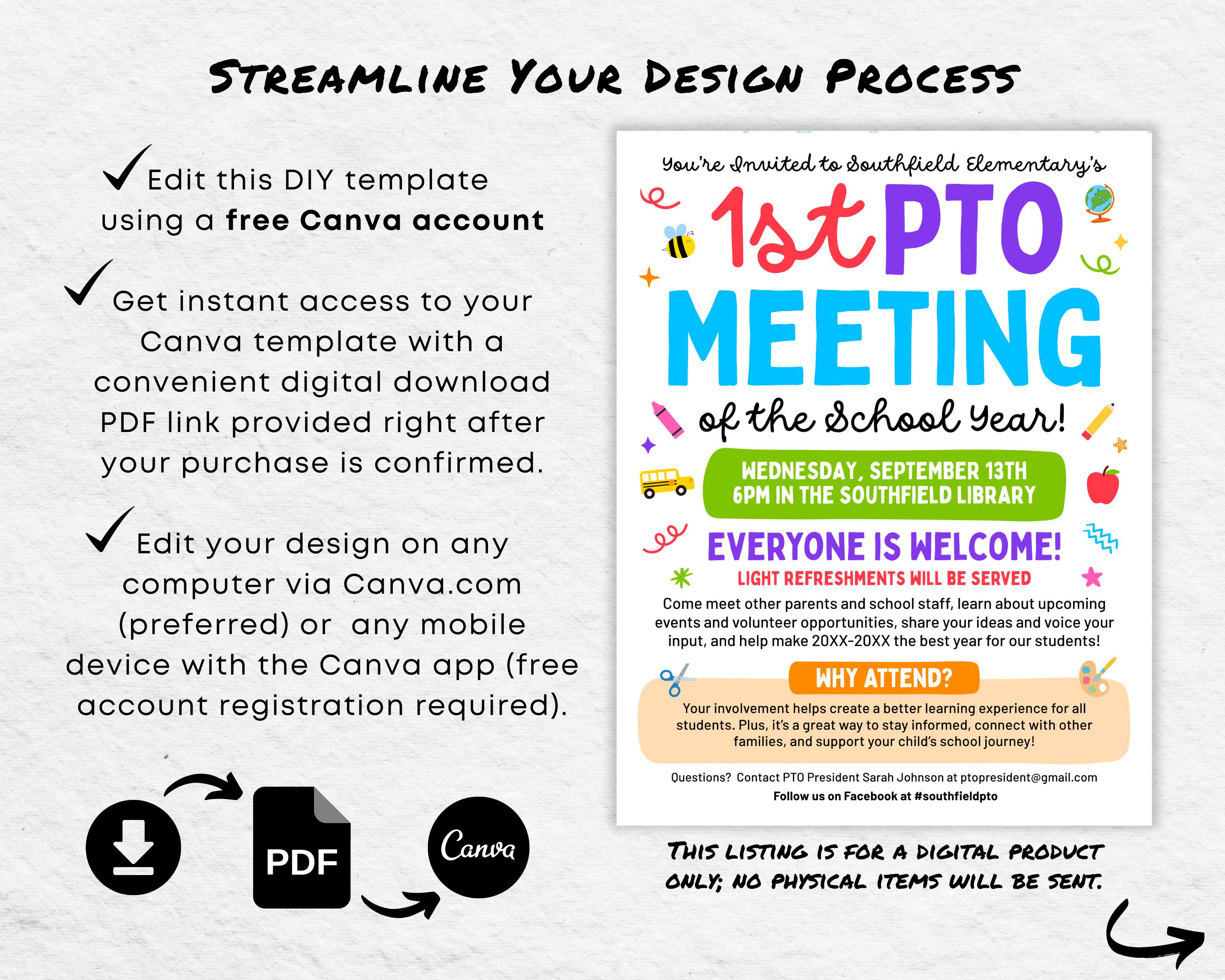 Editable PTA PTO Meeting Flyer | Canva Parent Group Invitation Template ...