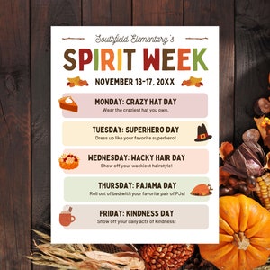 Editable Thanksgiving Spirit Week Flyer, School Spirit Schedule, Canva ...