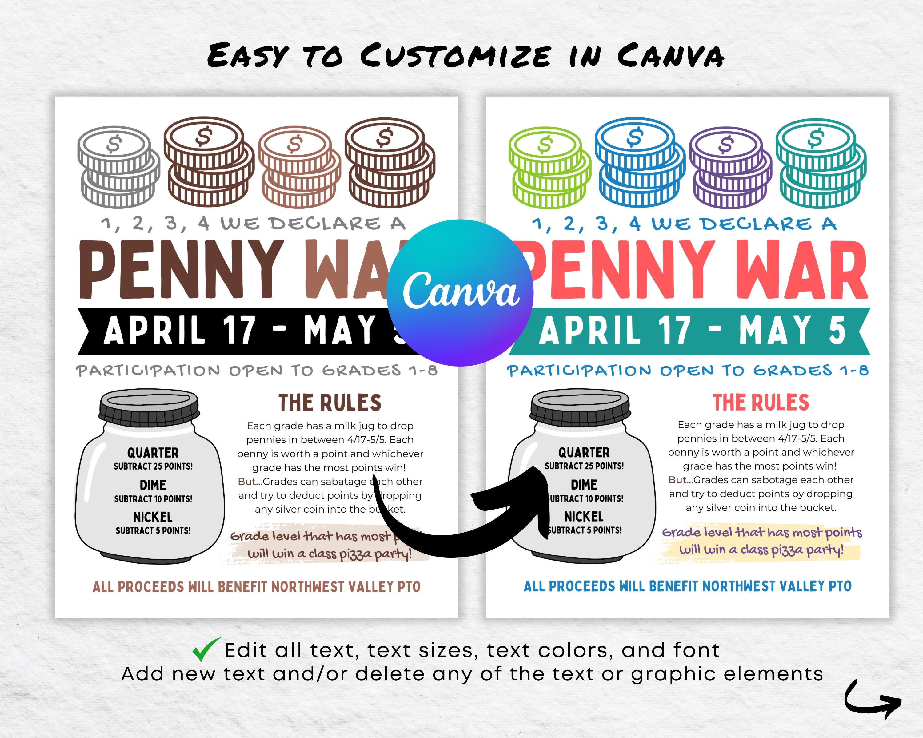 Penny War Flyer Editable Template, Coin Drive Fundraiser, Canva ...