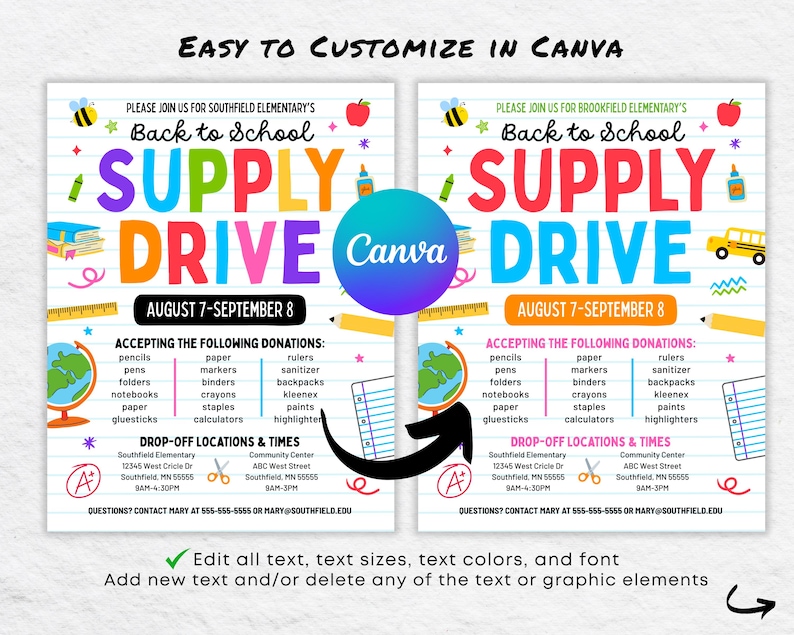 Back to School Supplies Flyer | Supply Fundraiser Template (canva ...