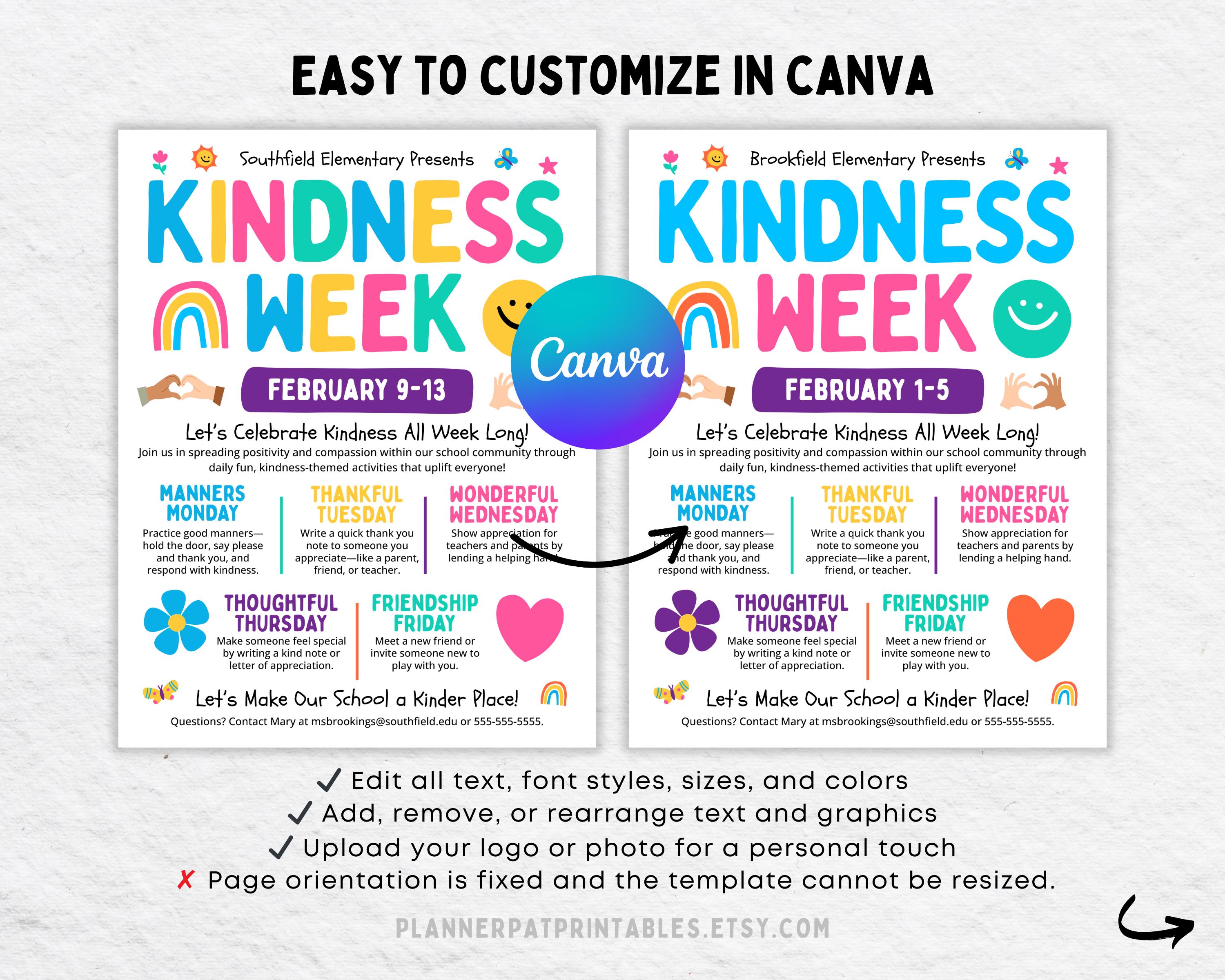 Kindness Week Flyer Template | Elementary School PTO (canva Editable ...