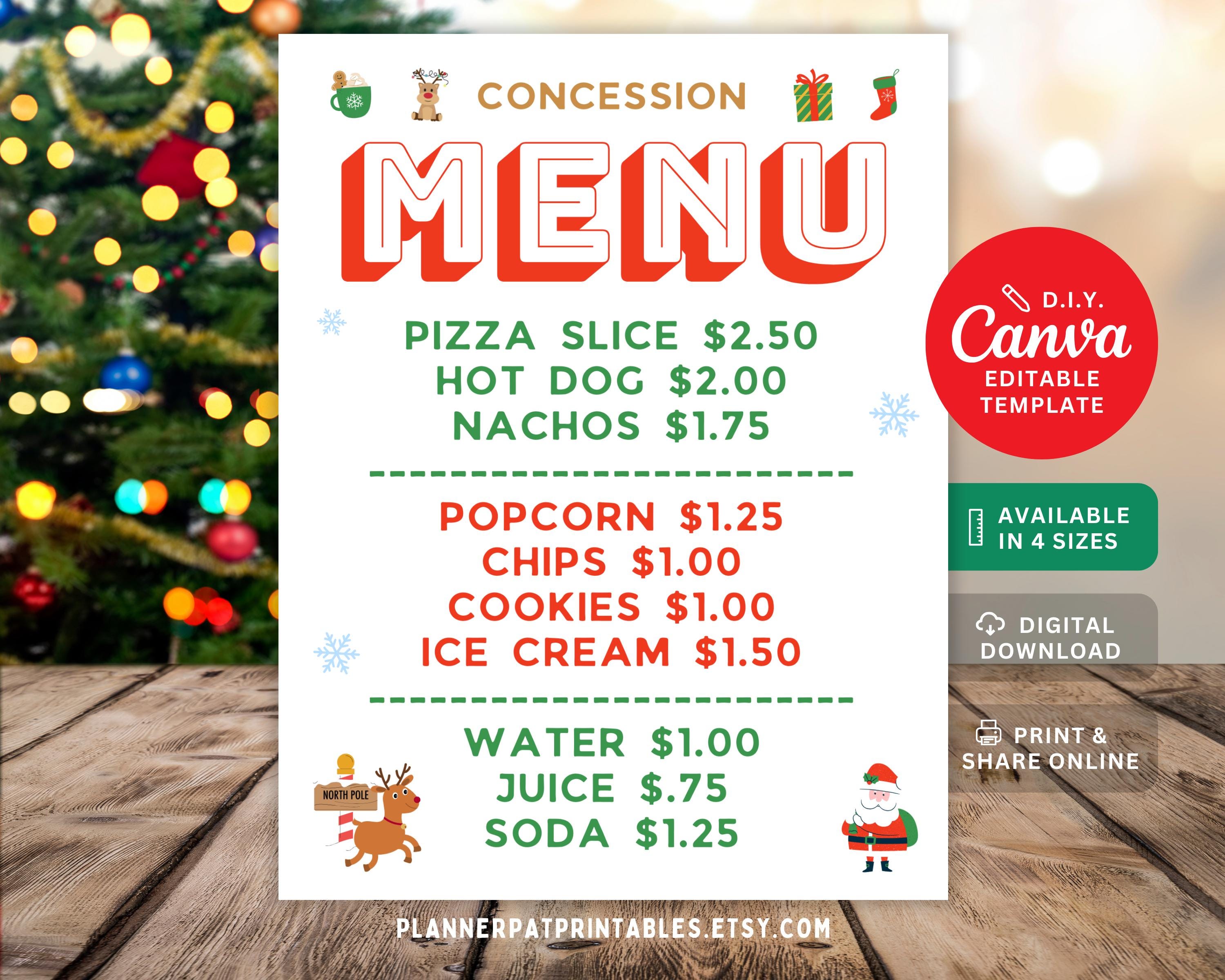Christmas Concession Stand Menu Template | Editable Holiday Food Price ...