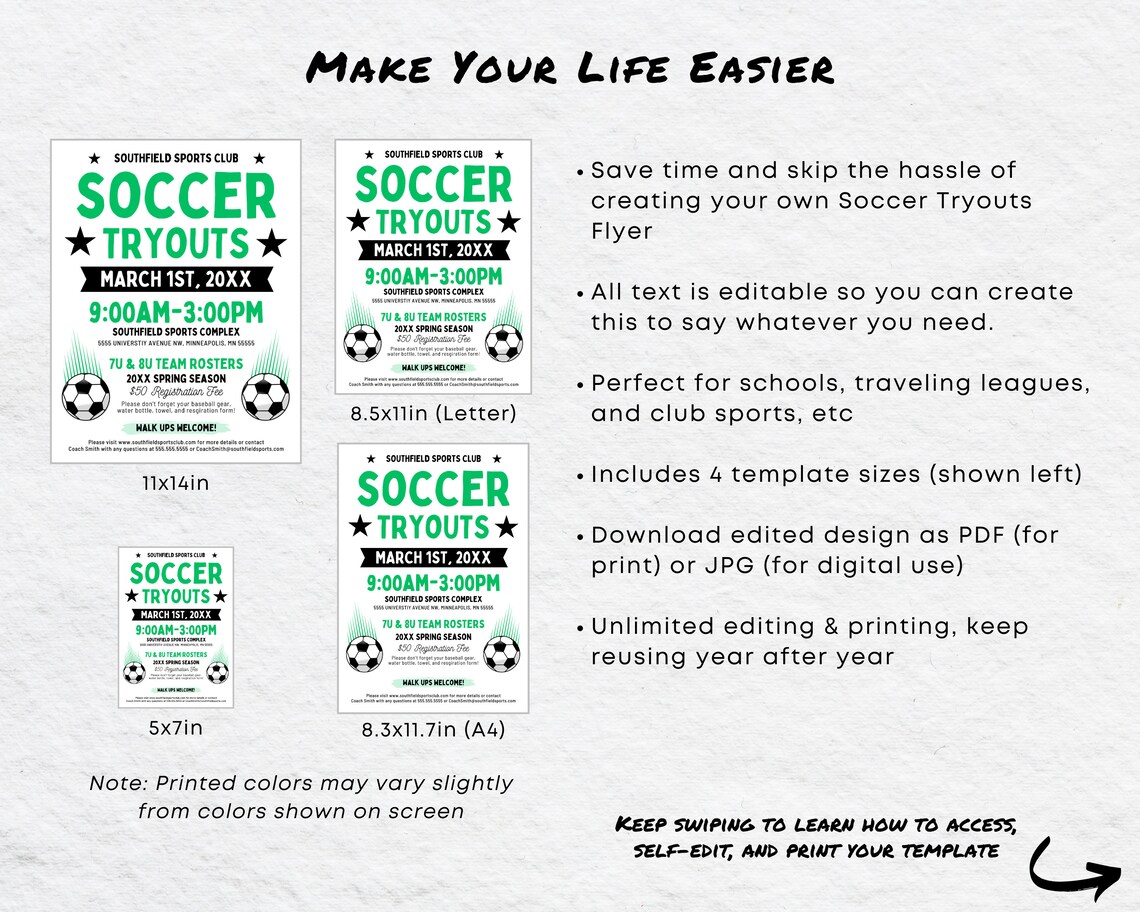 Editable Soccer Tryout Flyer Template, Team Registration Announcement ...
