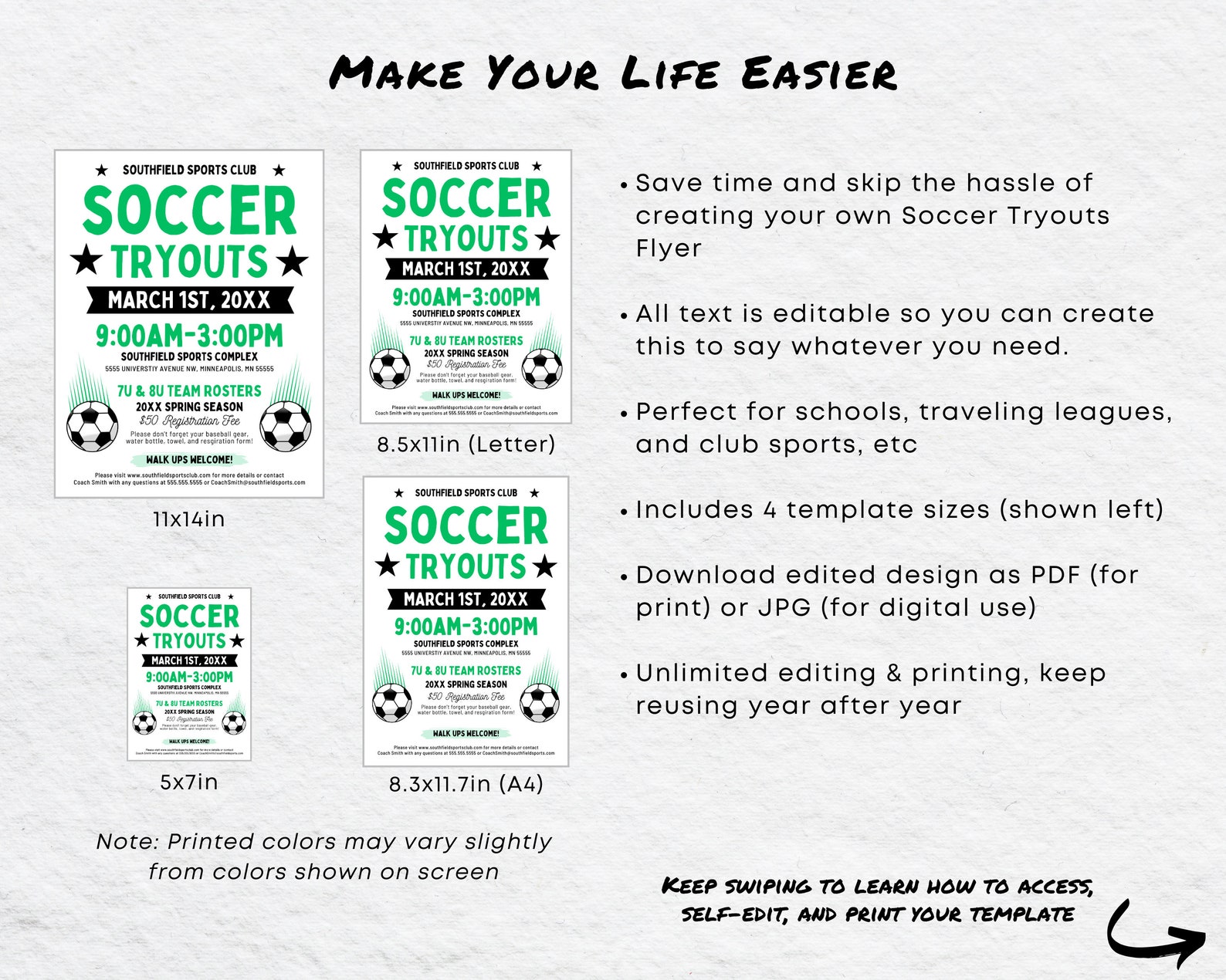 Editable Soccer Tryout Flyer, Sports Registration Event, Canva Template ...