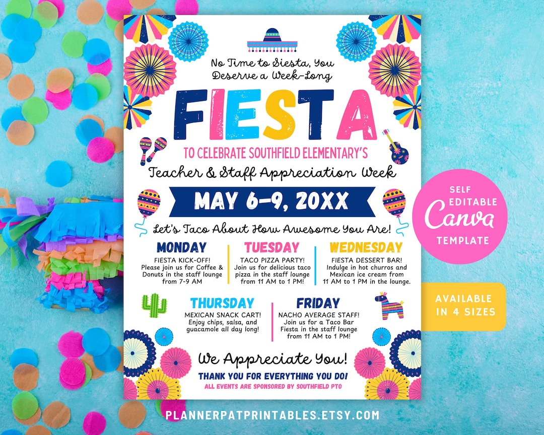 Taco Fiesta Teacher Appreciation Itinerary Flyer (canva Template ...