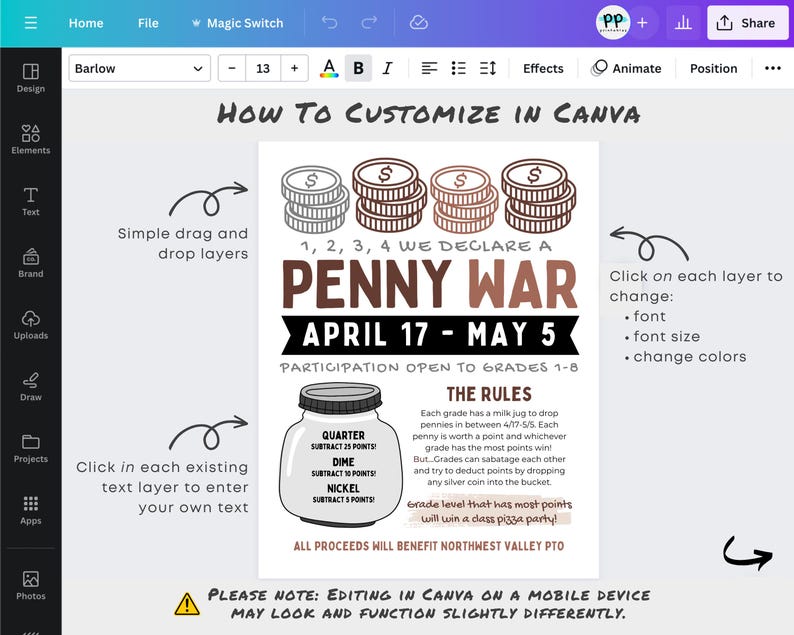 Penny War Flyer Editable Template, Coin Drive Fundraiser, Canva ...