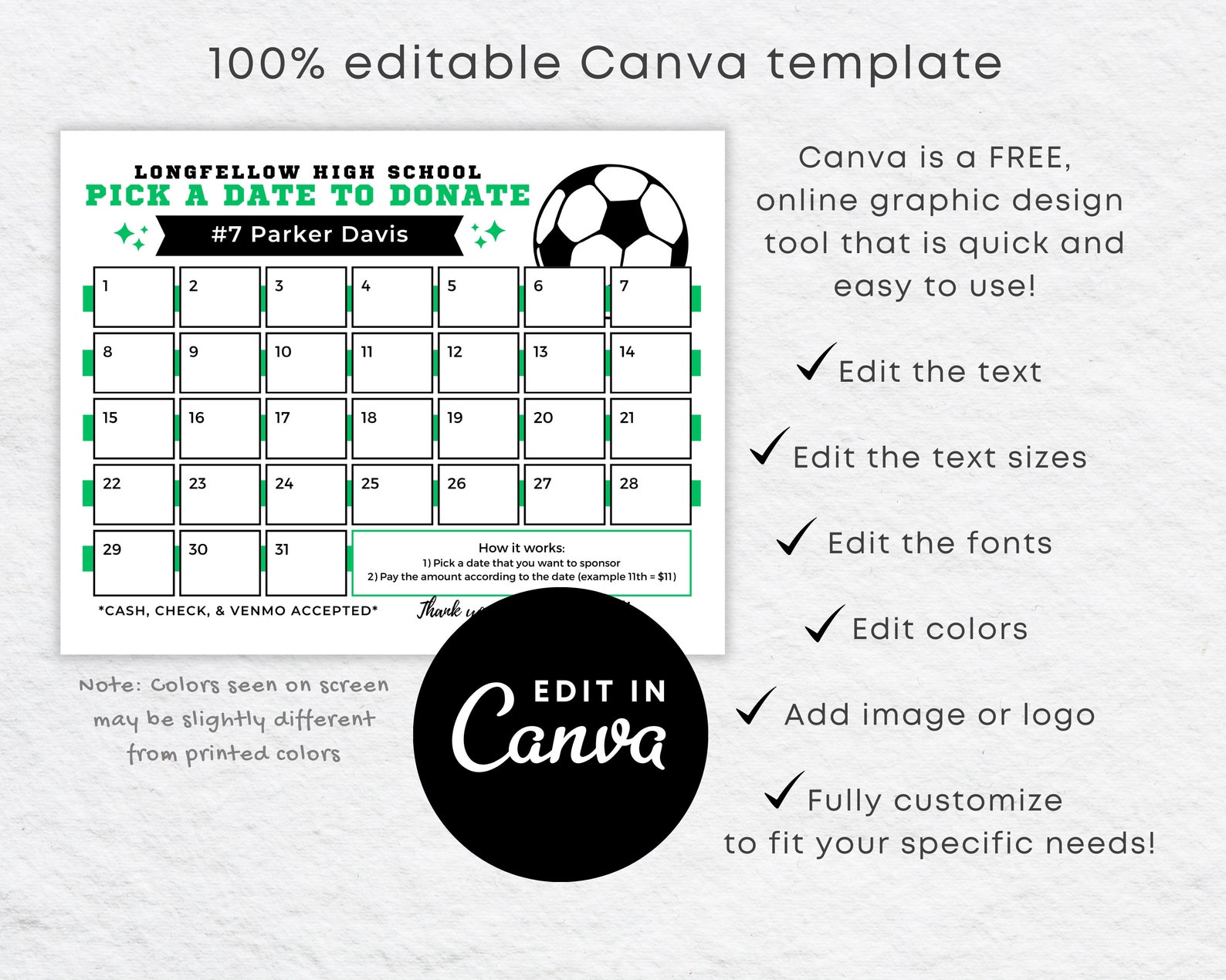 Soccer Fundraiser Calendar Template: Editable Canva Team Sponsorship ...