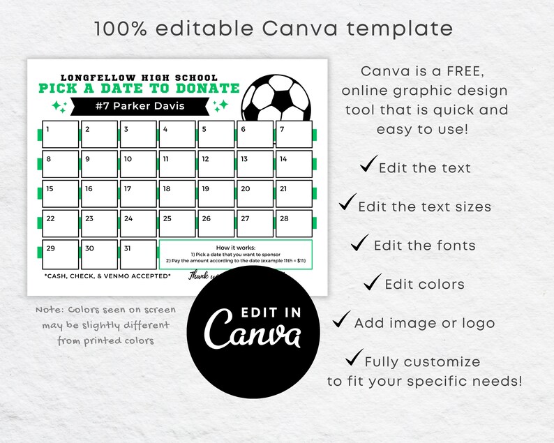 Soccer Fundraiser Calendar Template: Editable Canva Team Sponsorship ...