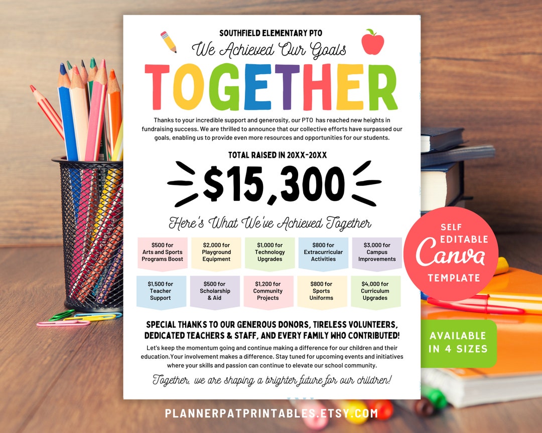 Editable PTA PTO Fundraising Flyer Template: Fundraiser Summary (canva ...
