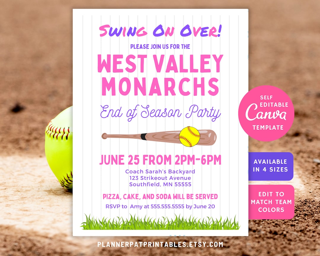 End of Season Softball Party Invite Canva Editable Template, Softball ...
