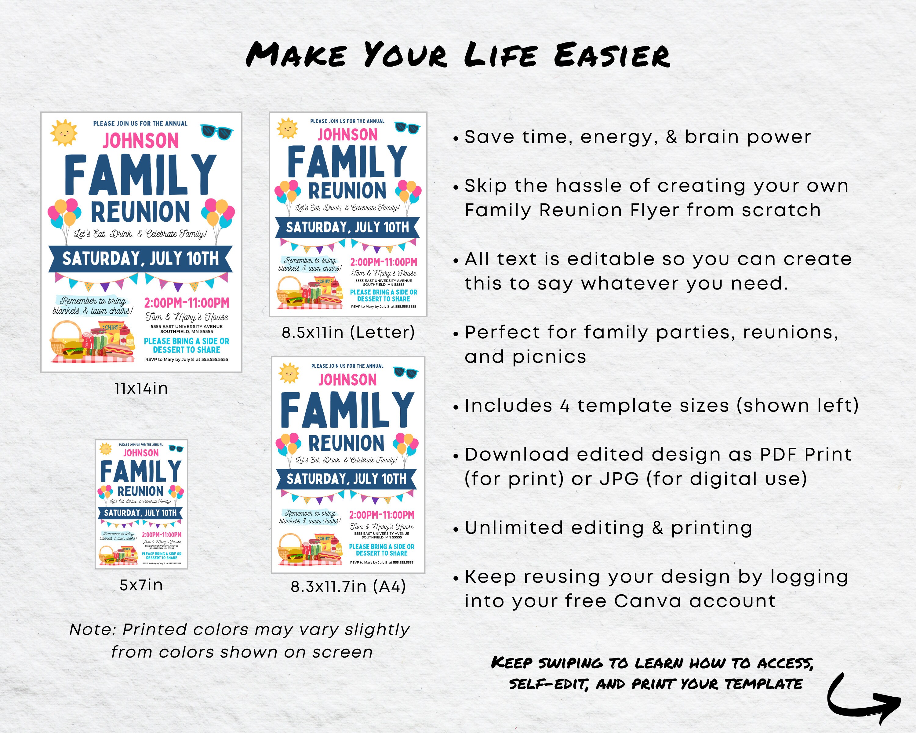 DIY Family Reunion Flyer Template, Editable Cousin Reunion Invite ...