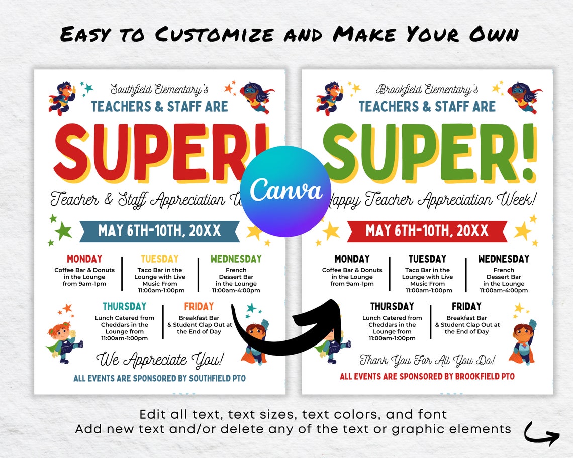 Editable Superhero Theme Teacher & Staff Appreciation Week Flyer ...