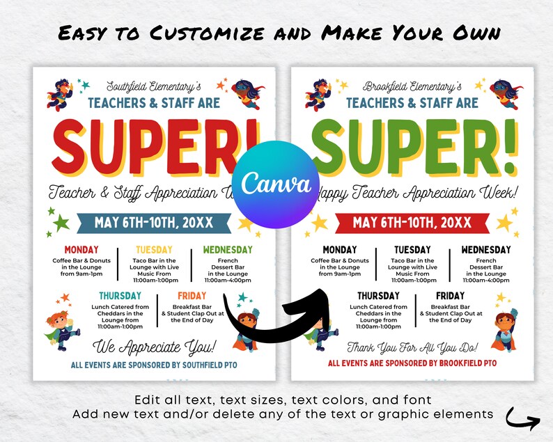 Editable Superhero Theme Teacher & Staff Appreciation Week Flyer ...