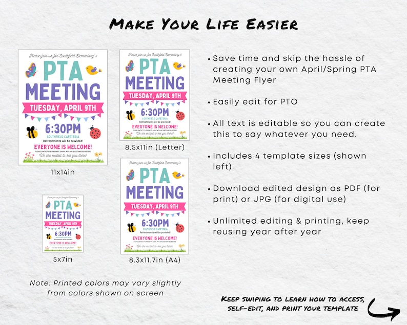 Spring PTA Meeting Flyer Template | Editable PTO Event Invitation ...