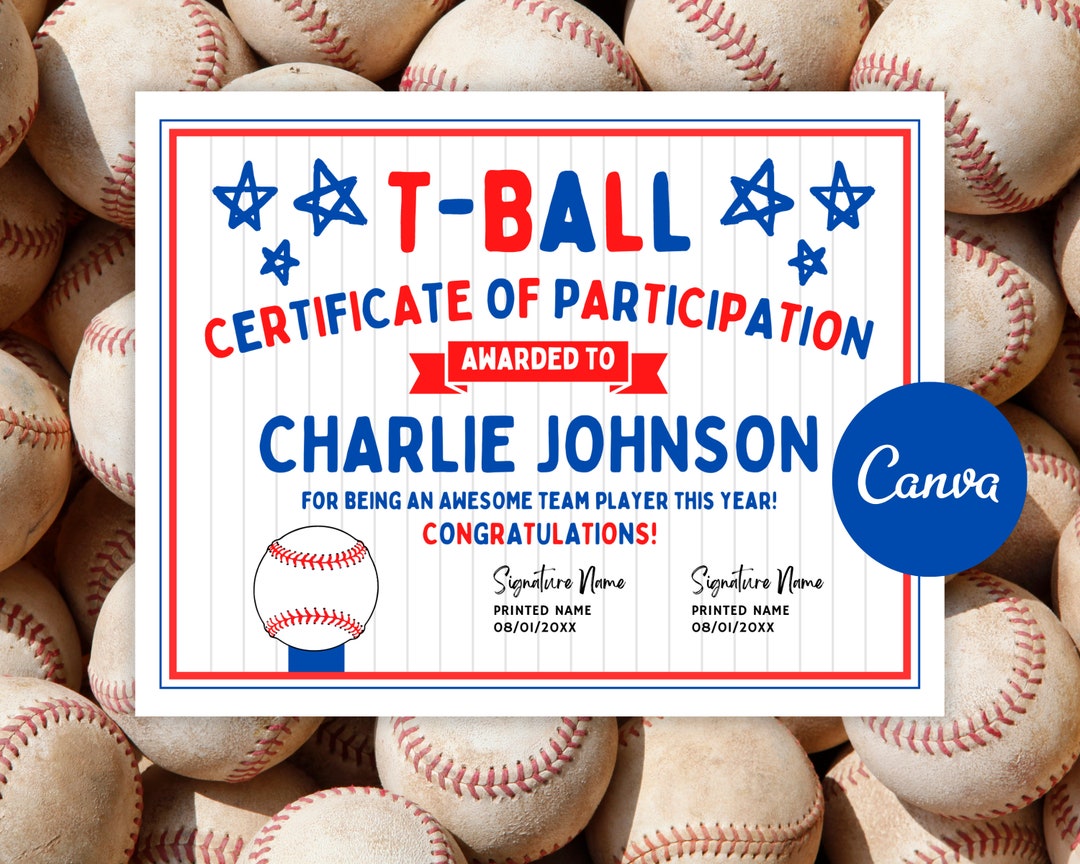 Editable T-ball Certificate of Participation, Youth Sports Award (canva ...