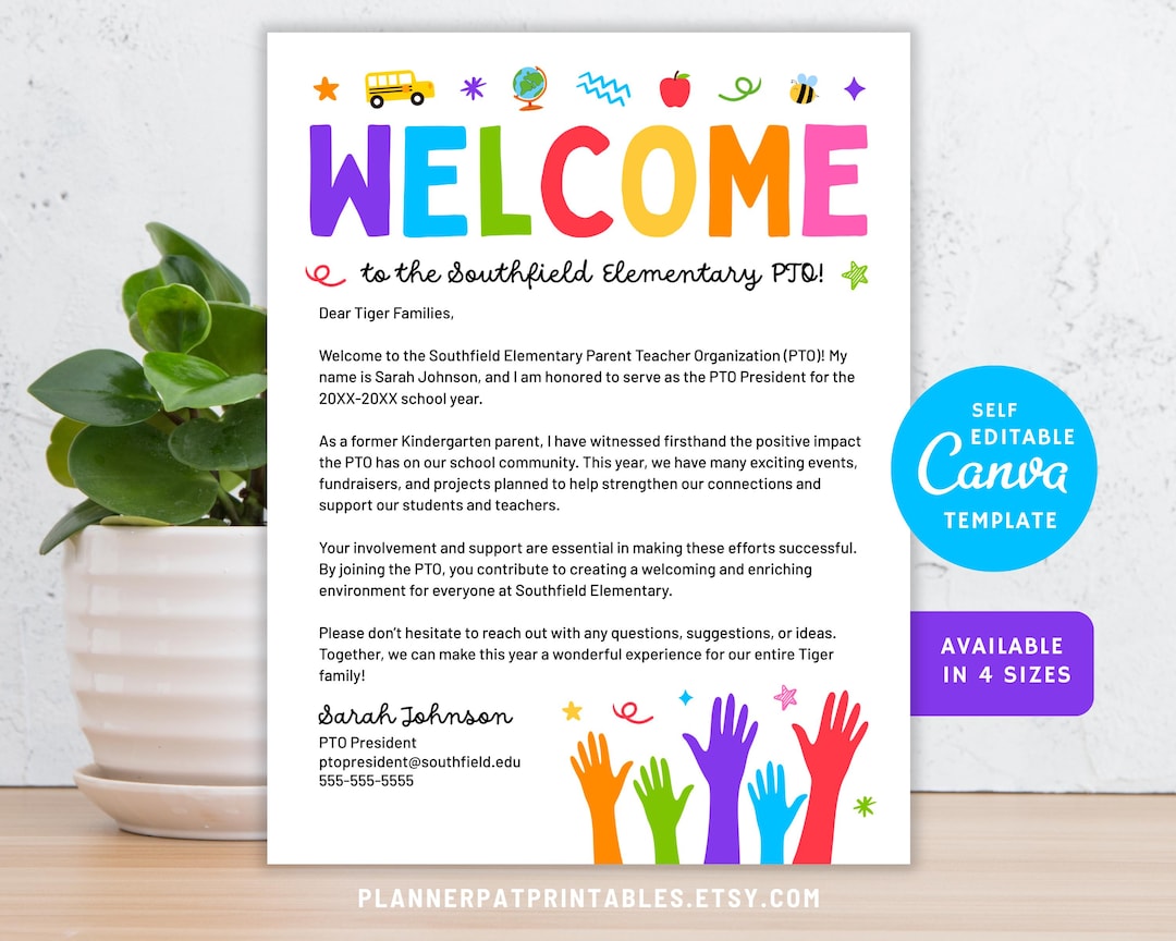 Editable PTA PTO Welcome Letter Template: Canva Printable Note (digital ...